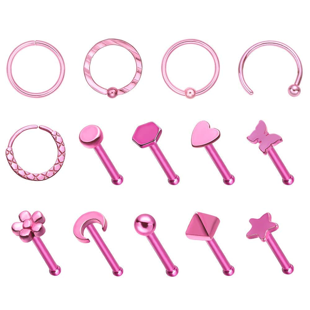 WASOLIE 14 PCS Nose Rings for Women 316L Stainless Steel Nose Piercings Jewelry Screw Men Nose Studs Rings.
