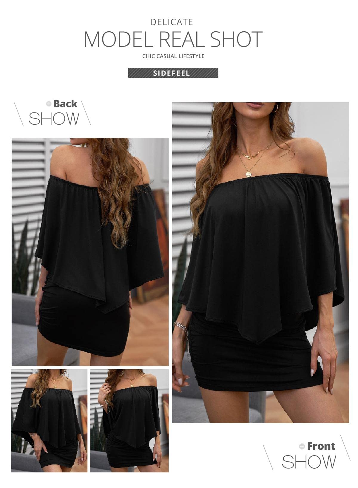 Sidefeel Womens Black Dresses Off Shoulder Ruffles Night Club Bodycon Mini Dress X-Large
