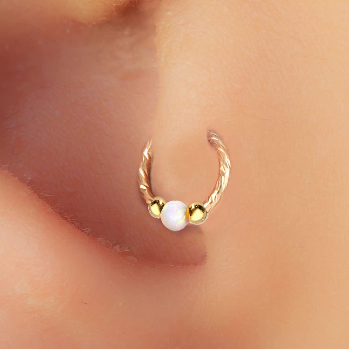 Tragus Earring Piercing 14K Gold Filled - Tiny 20 Gauge Twist Wire Ear Hoop - Shiny White Opal Gold Beads - 7mm Diameter 0.2 Inches Tragus Ear Ring