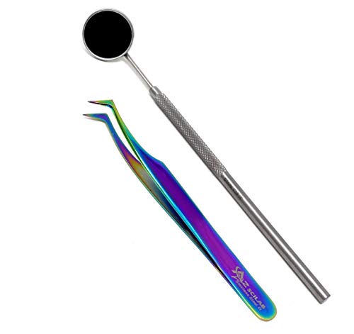 Stainless Steel 3D 5D 6D Volume False Eyelash Extension Tweezers Semi Angled, Multi Rainbow Color, With Free Mirror, Premium Quality