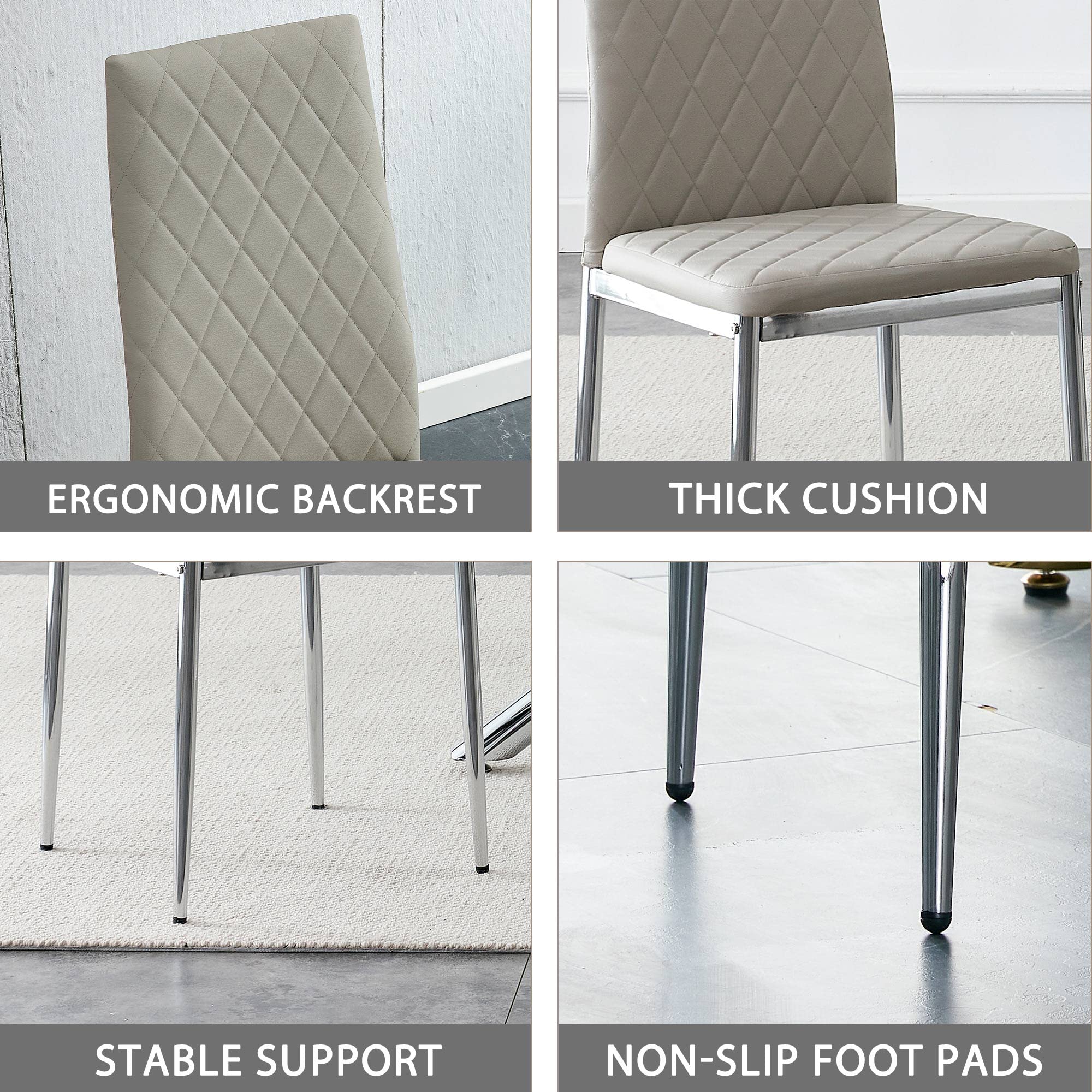 Rophefx Dining Chairs Set of 4, Modern Kitchen Chairs Upholstered Dining Room Chairs PU Leather Metal Legs High Back Side Chairs for Living Room, Kitchen, Light Grey