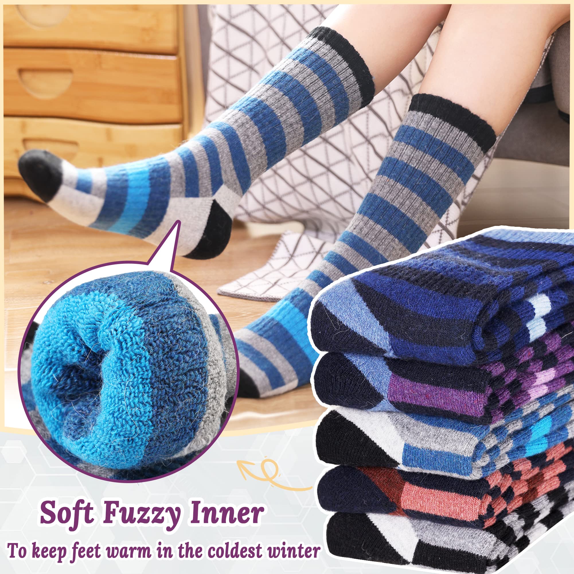 Womens Merino Wool Hiking Socks Winter Soft Thermal Warm Boot Cushion Work Socks 5 Pairs(Stripe)