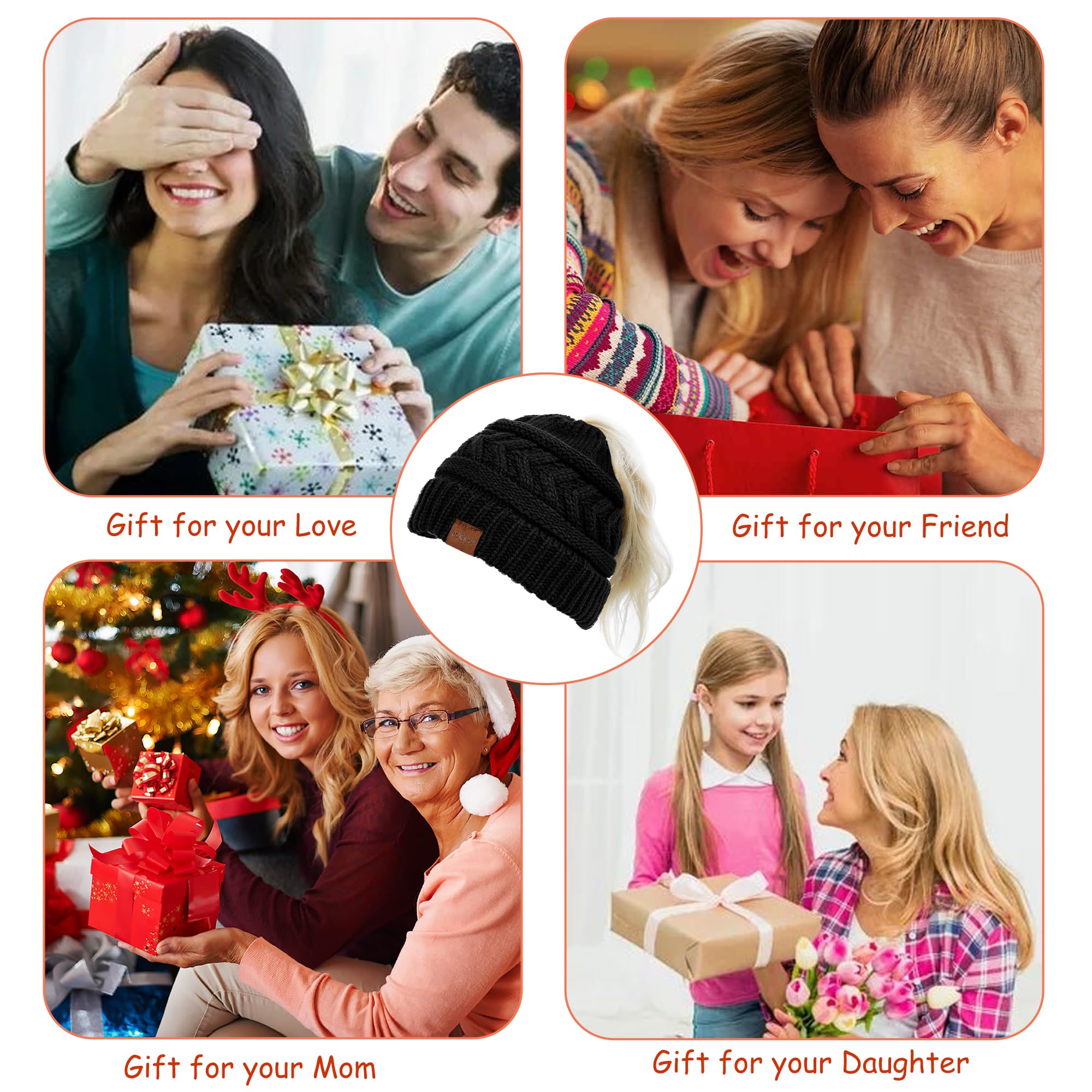 Pukavt 1 Pack Winter Hat Ponytail Beanie Hat for Women,Soft Stretch Cable Knit Messy Bun Beeanie,Trendy and Warm Black