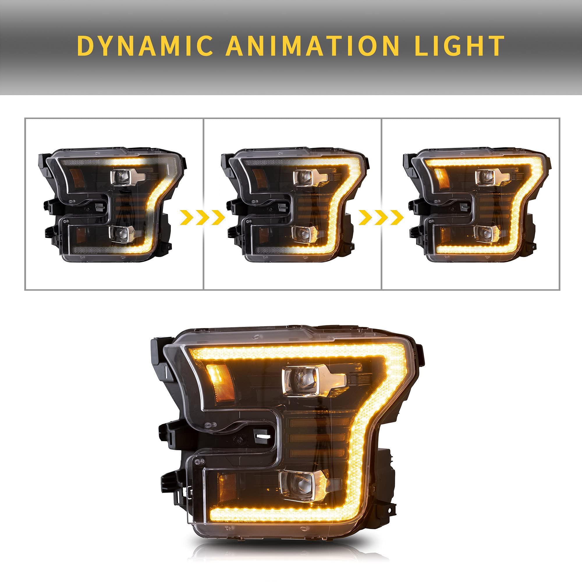 VLAND LED Headlights Compatible For [2015-2017 Ford F150 XL, XLT, Lariat, King Ranch, Platinum, Limited] With Dynamic Amber DRL & Turn Signal Lights, (Factory Halogen ONLY)