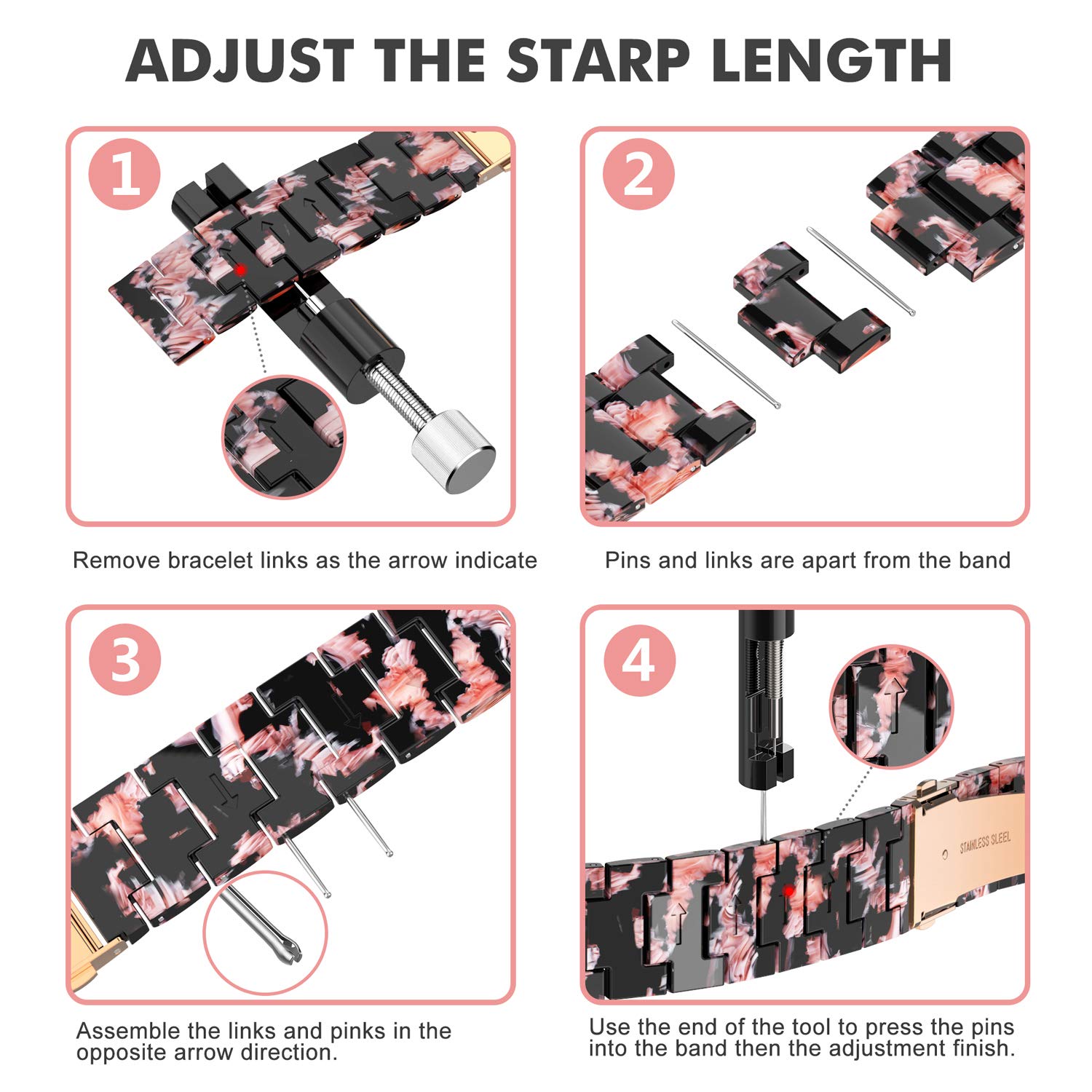 Wearlizer Resin and Stainless Steel Compatible with Fitbit Versa/Versa 2 /Versa Lite/Versa SE Bands Women Men, Lightweight Replacement Compatible with Fit bit Versa, Pink