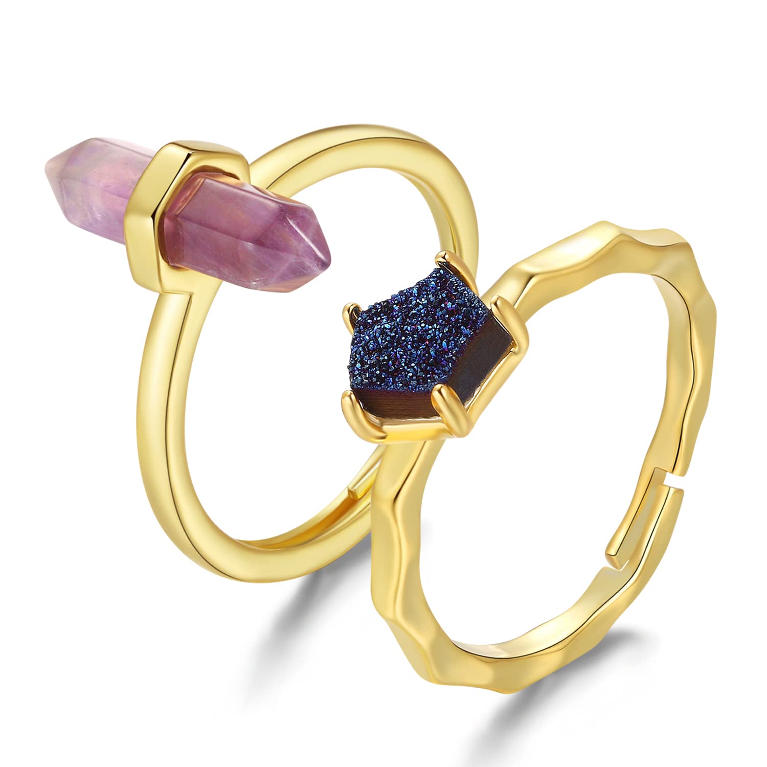 VIENNOIS 2 PCS Amethyst Natural Healing Crystal Ring for Women,Adjustable Open Healing Stones Gemstone Birthstone Jewelry Rings For Develop Intelligence Enhance Memory