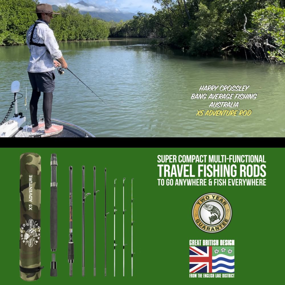 Rigged and Ready X5 Travel Fishing Rod. Super Compact, Carry Size 40cm (15.8β), Multi-Functional Travel Rod + 4 Tips + case. 1 Rod with 5 Fishing Options. 2.22m (7β 3β) + 1.9m (6'3") Lengths.