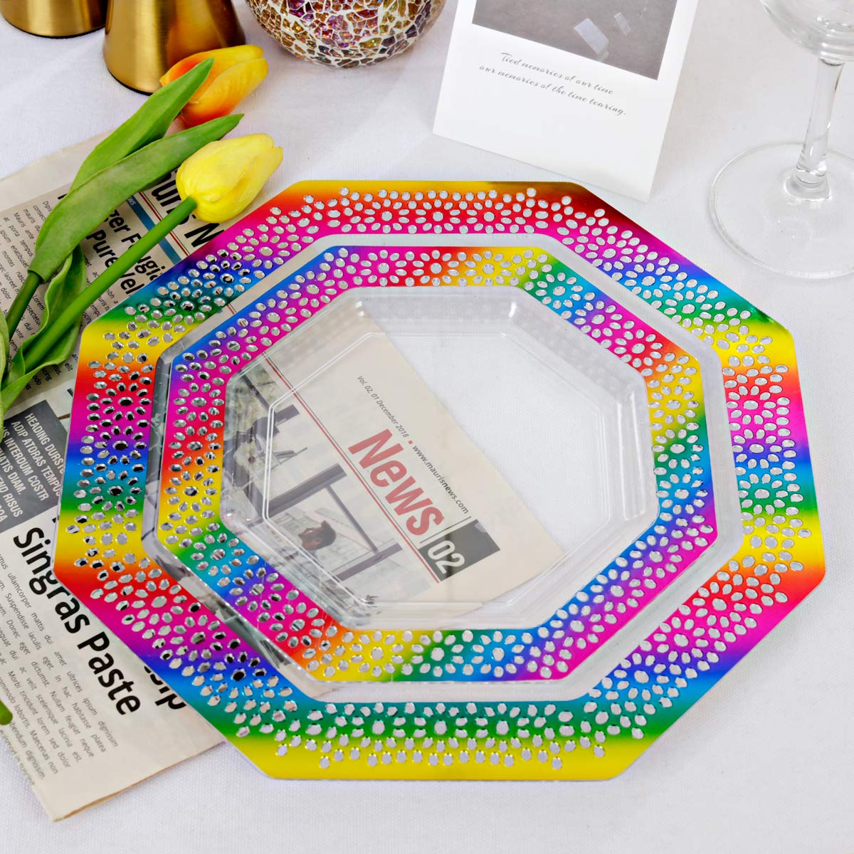 supernal 60pcs Rainbow Plastic Plates,Clear Plates with Rainbow Lace Design,Clear Plastic Plates,Disposable Plates includ 30 Dinner Plates,30 Dessert Plates for Party and Birthday Parties