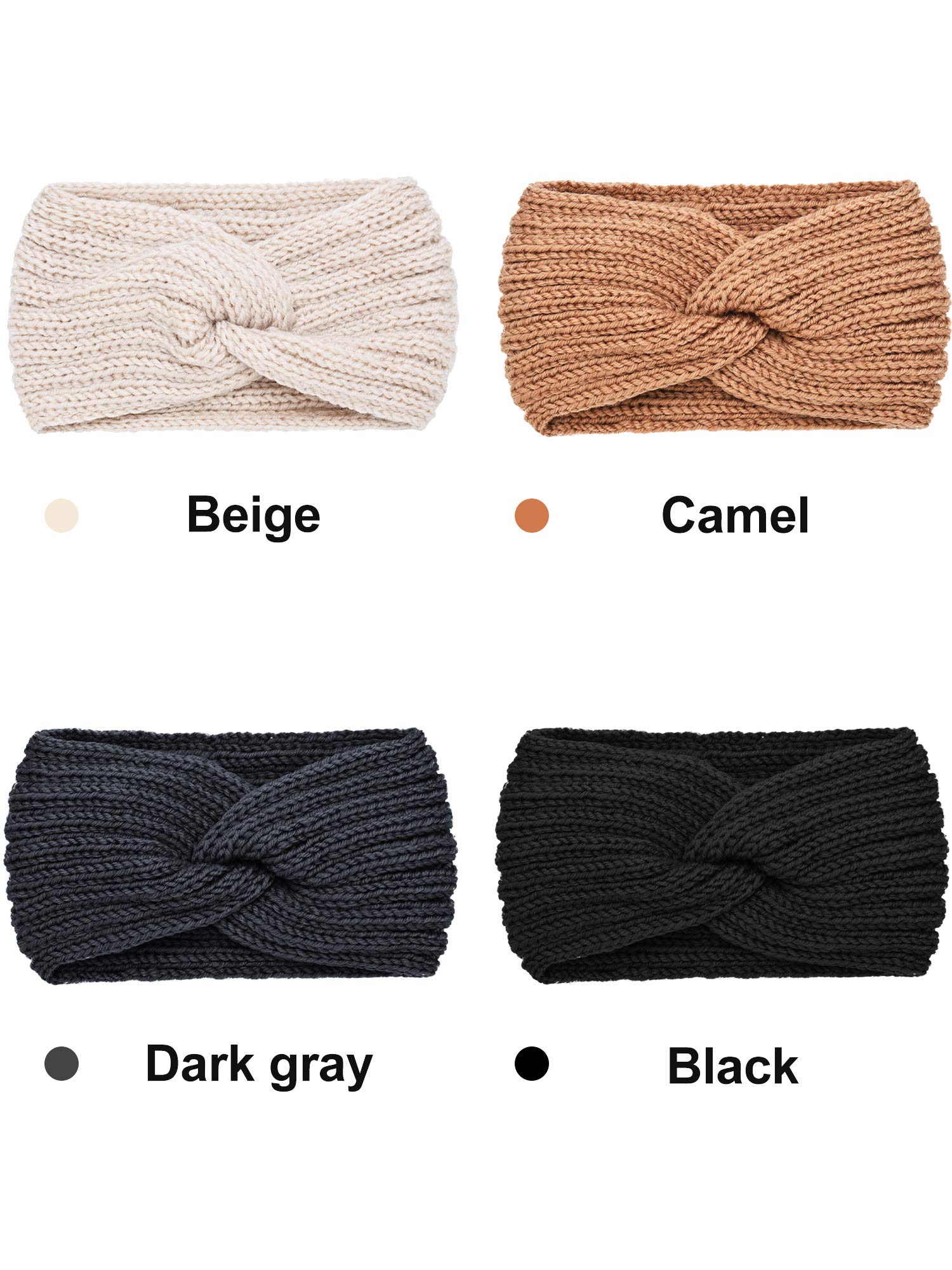 TecUnite 4 Pieces Chunky Knit Headbands Braided Winter Headbands Ear Warmers Crochet Head Wraps for Women(Black, Dark Grey, Camel, Beige)