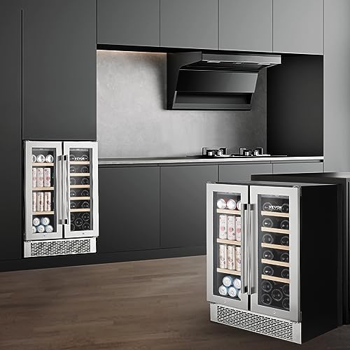 VEVOR Cooler Dual-Zone Beverage Refrigerator Built-in or Freestanding Wine Fridge & Blue LED Light, Tempered Glass Doors, Child Lock for Drink Soda, 81 Cans and 20 Bottles, Black, Silver