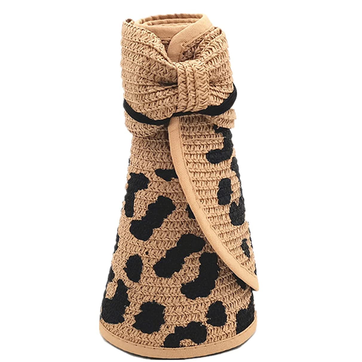 Women Sun Visors Wide Brim Foldable Packable Ponytail Beach Hat Straw Leopard Roll Up Bow Visor Sun Hats(Leopard)