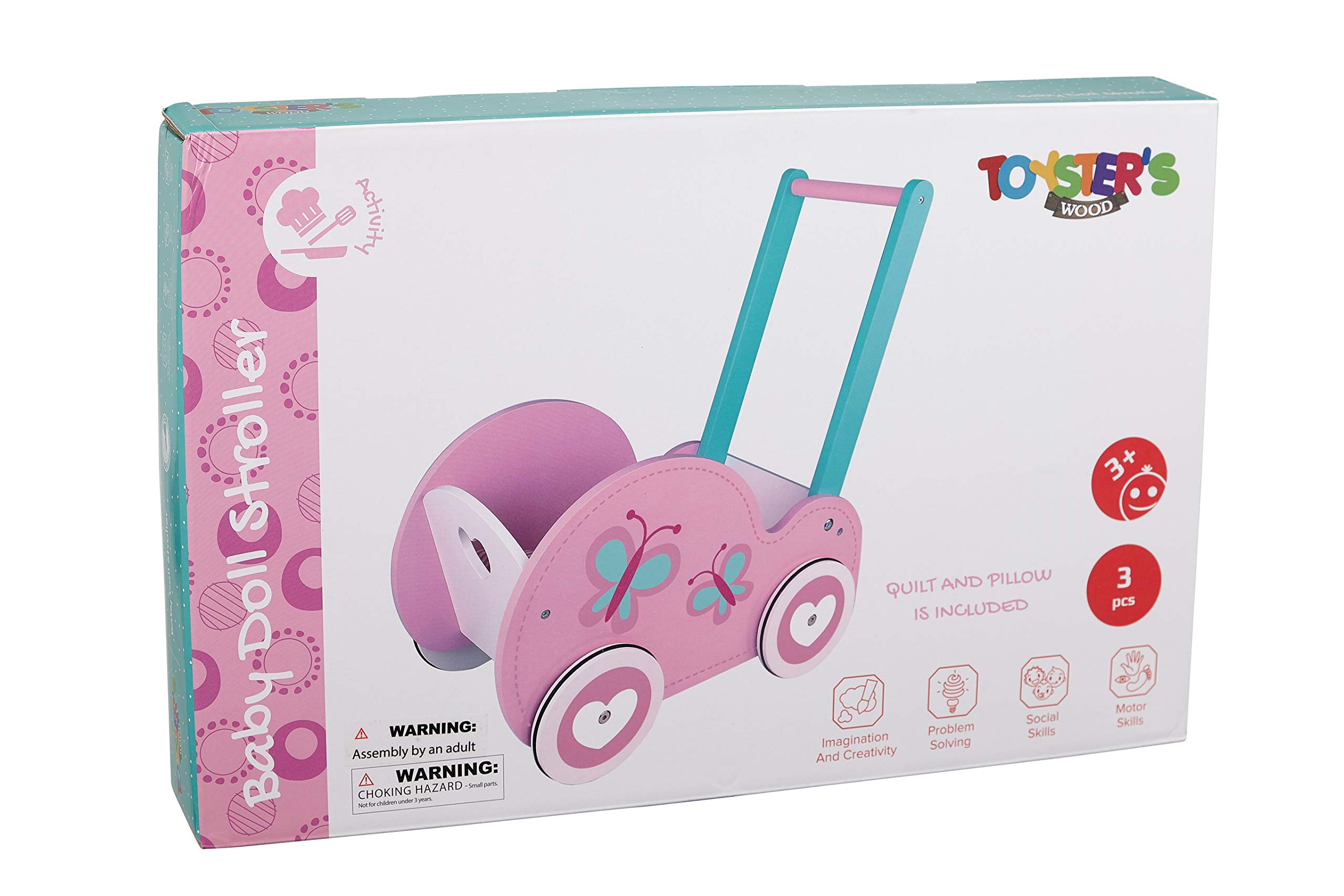 Toysters Wooden Push Walker Wagon for Toddlers | Adorable Baby Doll Carrier Buggy | Push Along Walking Toy and Doll Pram | Includes Stroller Mattress and Pillow | AT150