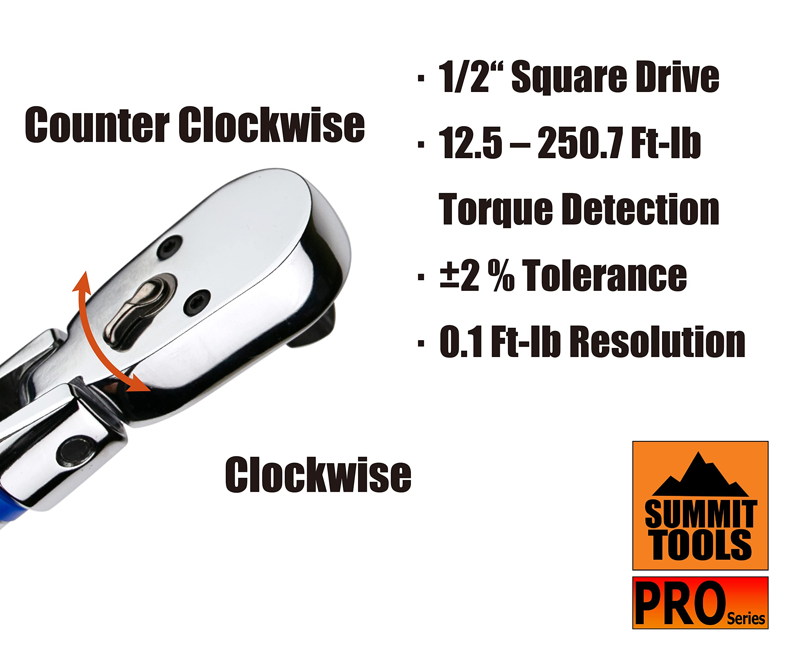 Summit Tools 1/2 inch UltraPrecision Flex-Head Digital Torque Wrench, 12.5-250.7 ft-lbs Range Accurate to ±2%, Buzzer and LED, LCD Display, Calibrated (WEF4-340BN)