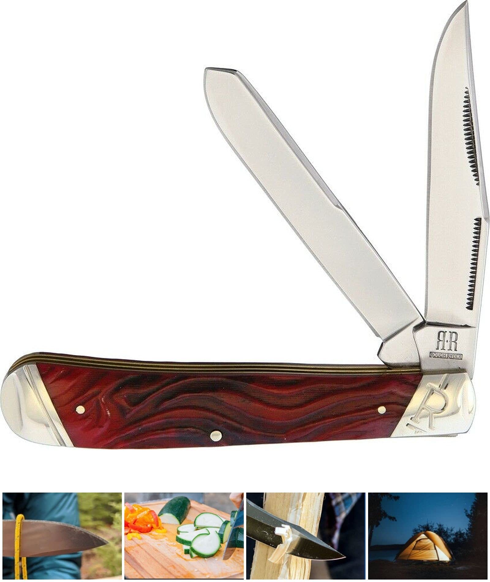 Trapper Open Folding Pocket Knife Stainless Steel Blade Red Groove Bone Handle Outdoor Survival Hunting Knife for Camping by Survival Steel