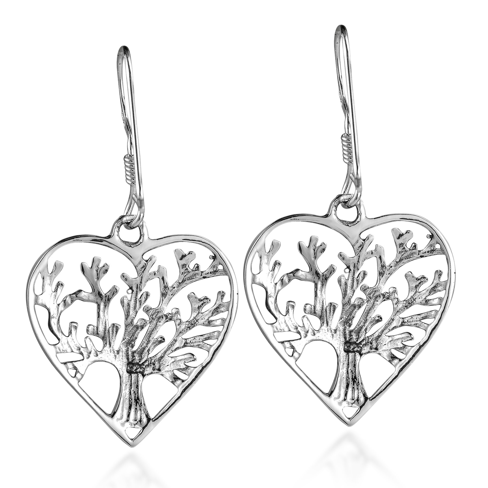 Romantic Heart Shape Tree of Life .925 Sterling Silver Dangle Earrings