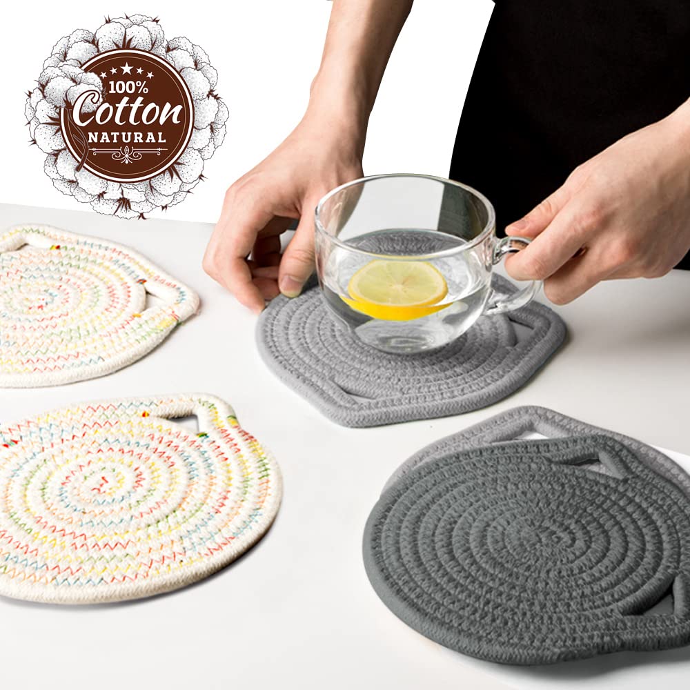 YONOVO 7" Cotton Trivets Set, 3Pcs Cute Cat Ear Pot Holders Woven Hot Pads Mats Thick Heat Resistant for Hot Pots and Pans Round Hot Plate Holder Washable Potholders Kitchen Farmhouse Rustic Gift