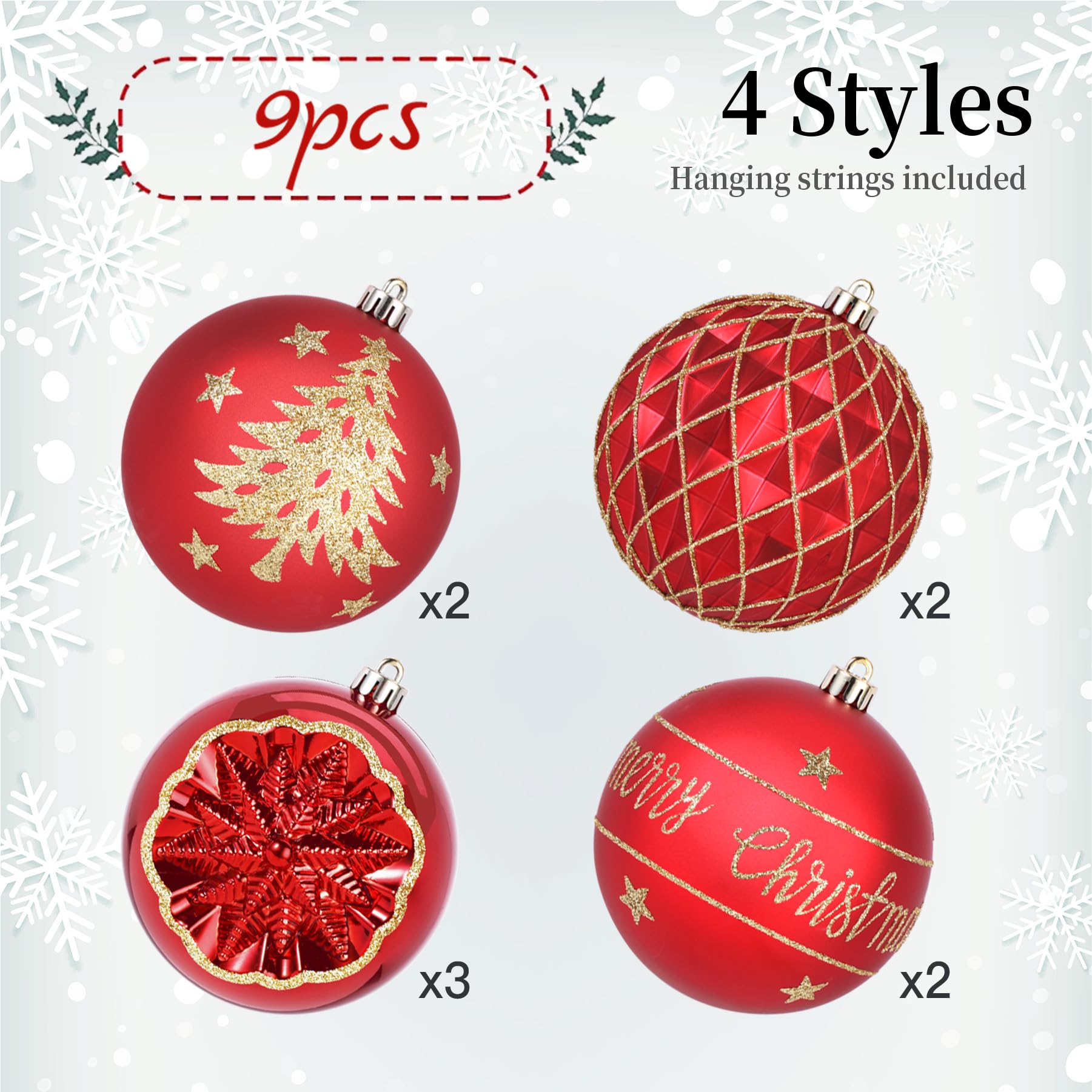 SHareconn 100MM/4 Inch 9PCS Large Christmas Balls Ornaments, Shatterproof Plastic Hanging Big Baubles Set for Xmas Tree Decoration Holiday Party Wedding Decorations with Hook, Red