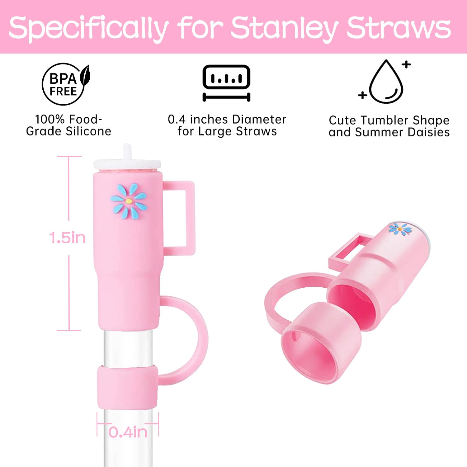 Straw Covers Cap for Stanley Cup, Silicone Straw Tip Covers for Stanley 30 & 40 Oz Tumbler with Handle (Black)