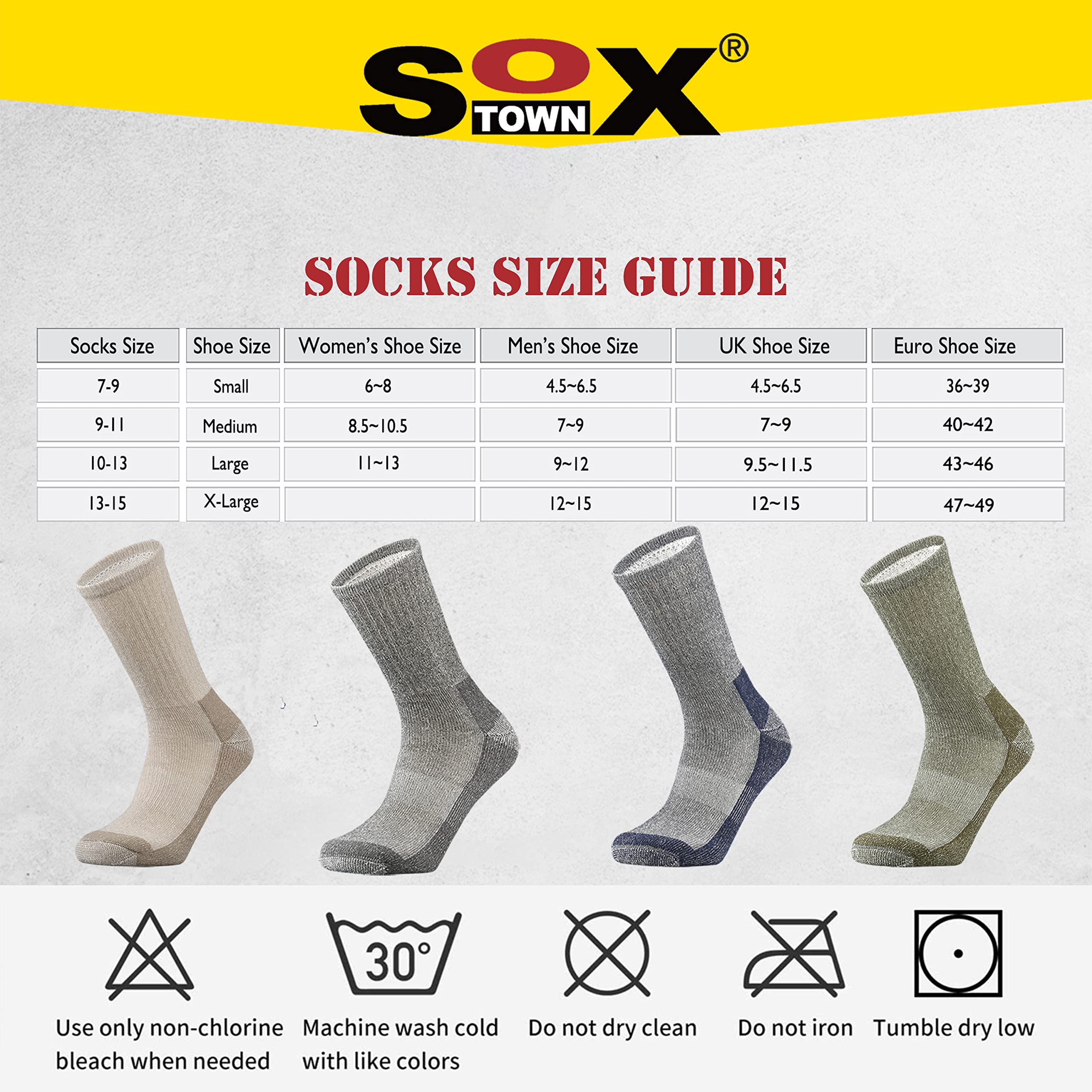 SOX TOWN Men's Merino Wool Cushion Crew Socks Moisture Wicking Control for Outdoor Hiking Work Boot Thermal Warm All Seasons(Black L)