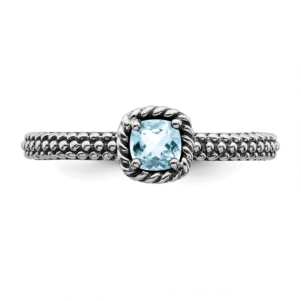Solid 925 Sterling Silver Stackable Checkerboard Cut Aquamarine Blue March Gemstone Vintage Antiqued Ring Eternity Band Size 6