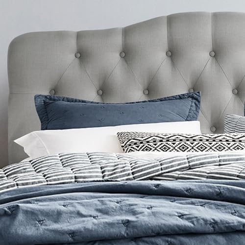 Rosevera Harriman Adjustable Heigh Headboard with Linen Upholstery and Button Tufting, Queen, Light Gray