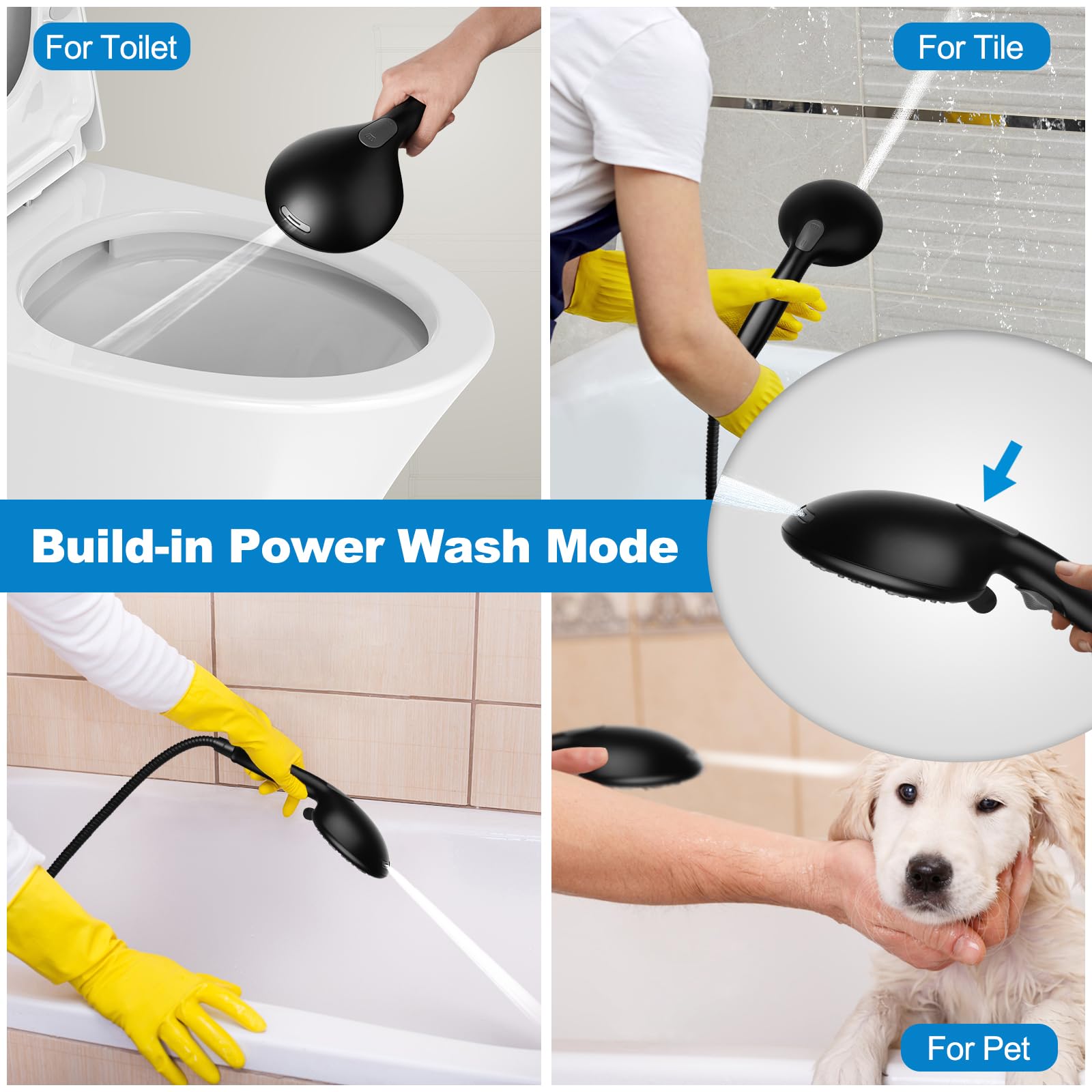 Shower Head with Handheld, Lanhado 9 Setting Matte Black Shower Head, Detachable Shower Head with Hose & Adjustable Bracket,High Pressure Shower heads, Built-in Power Wash to Clean Tub, Tile & Pets