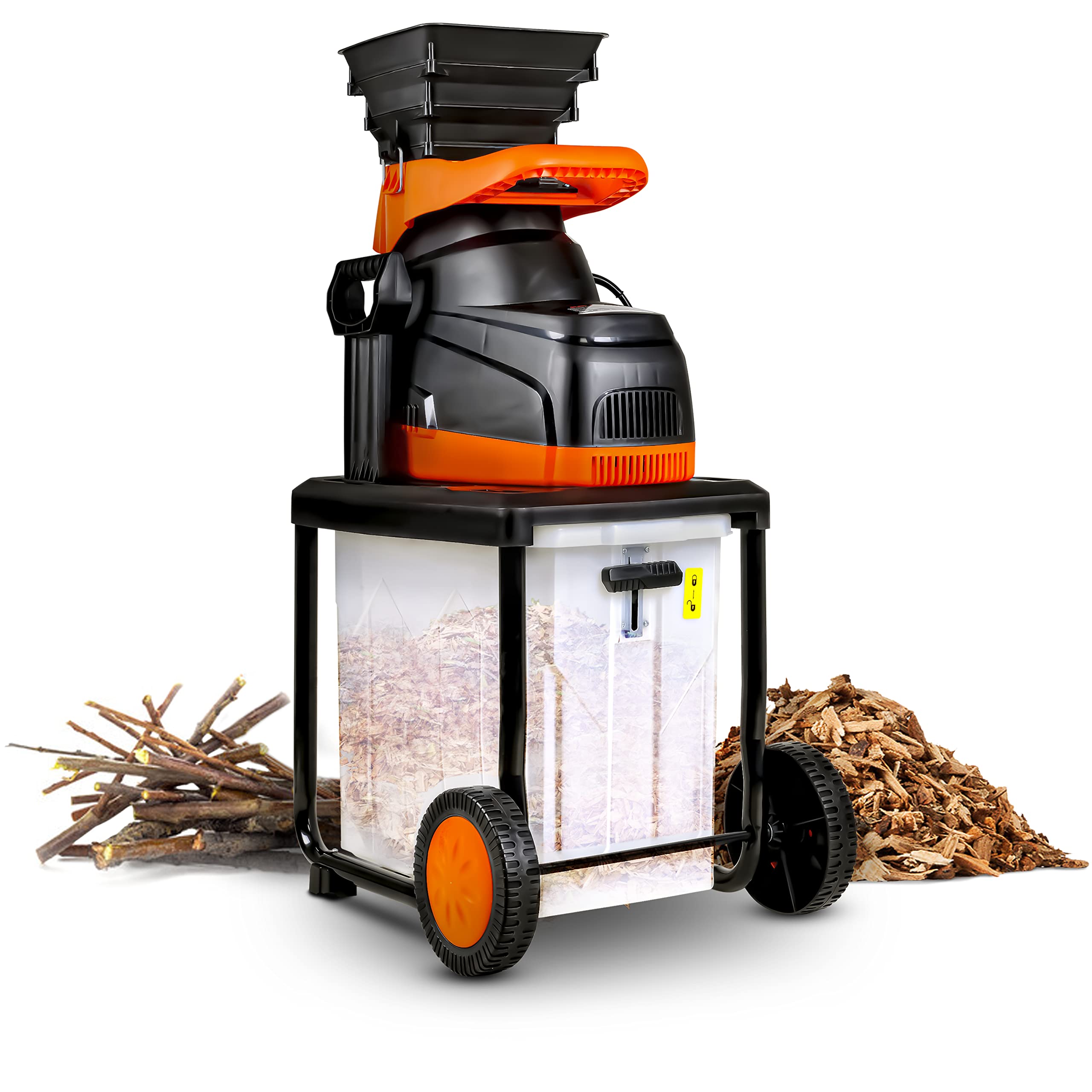 SuperHandy Wood Chipper Silent Ultra Quiet Electric 14.5-Amp 1800Watt 120VAC 1.5-1.7 Inch Max Capacity 17:1 Reduction 40L Collection Bin for Fire Prevention and Firebreaks