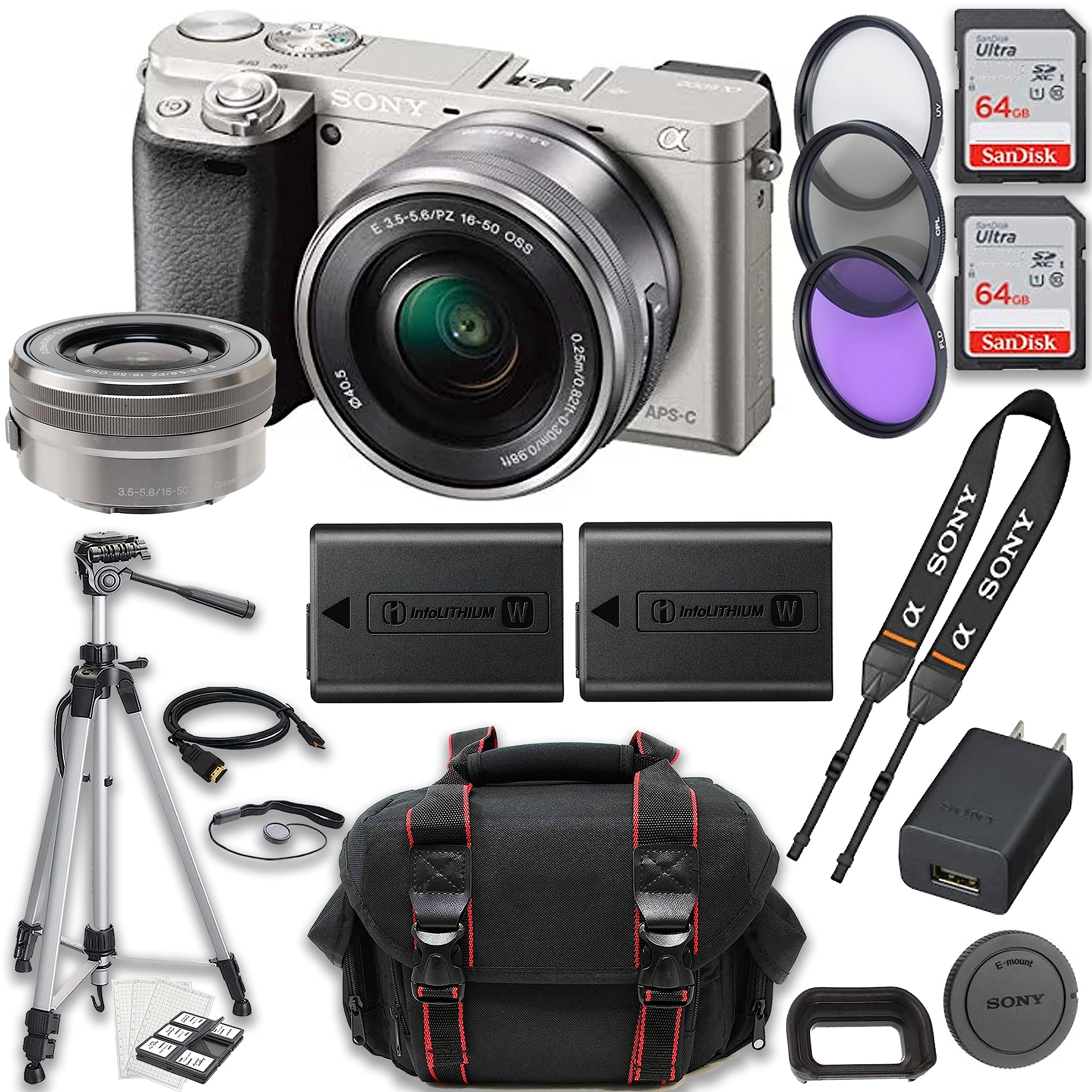 Sony a6400 Mirrorless Camera (Silver) + Sony E PZ 16-50mm f/3.5-5.6 OSS Lens + 2X 64GB Memory + Case + Tripod & More (20pc Bundle)