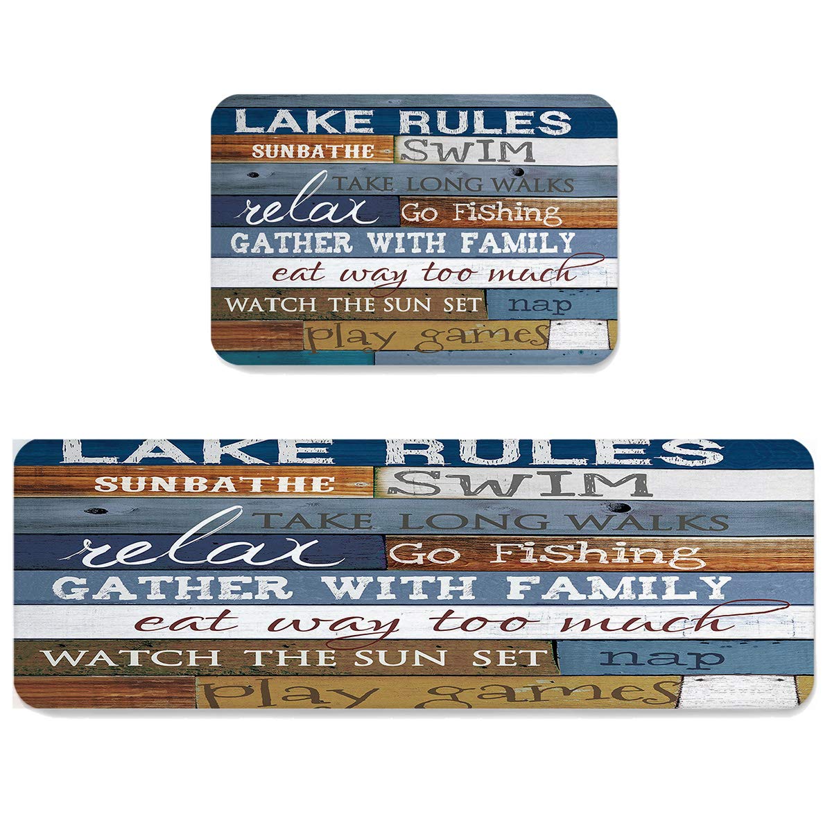 Wood Plank Characters Kitchen Rug Set Kitchen Mats Cushioned Anti Fatigue Vintage Wooden Lake Rules Mats for Standing Waterproof Microfiber Easy to Clean 2 Pieces 23.6x35.4inch+23.6x70.9inch