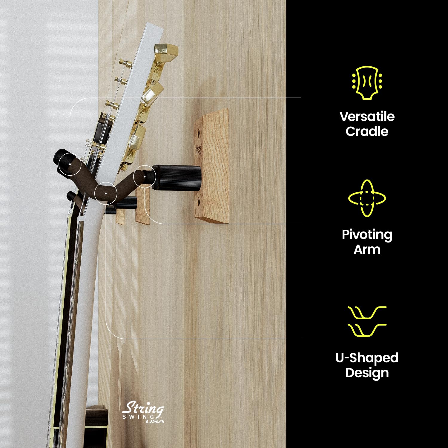 String Swing Guitar Wall Mount, Guitar Hanger, Wall Guitar Mount, Guitar Holder Hook for Wall, Fits All Size Guitars, Acoustic, Electric, Bass, Cherry Hardwood - Made in USA