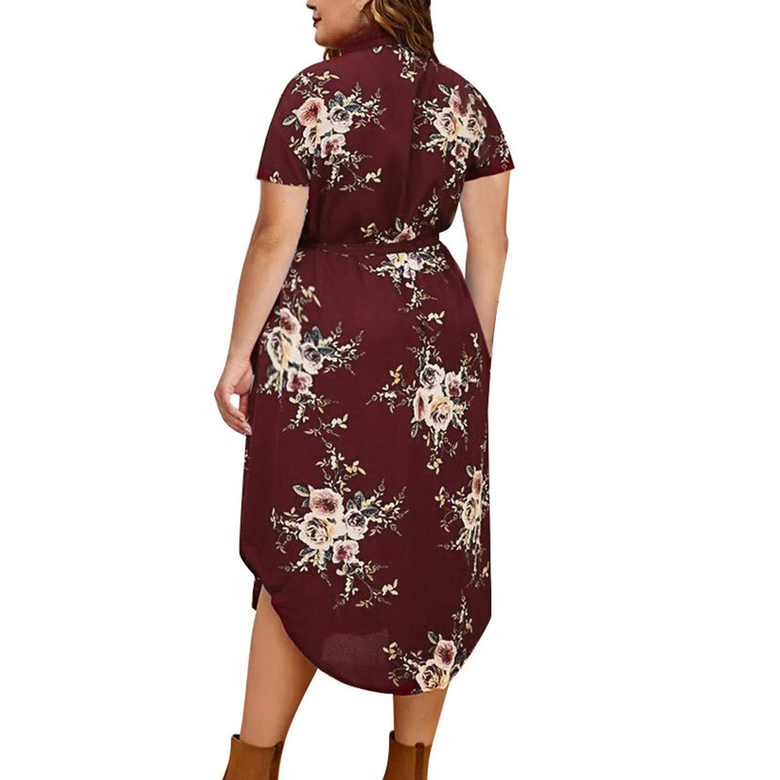 Women's Bohemian Floral Printed Sundress Wrap V Neck Short Sleeve Flowy Boho Long Beach Party Maxi Dress Red