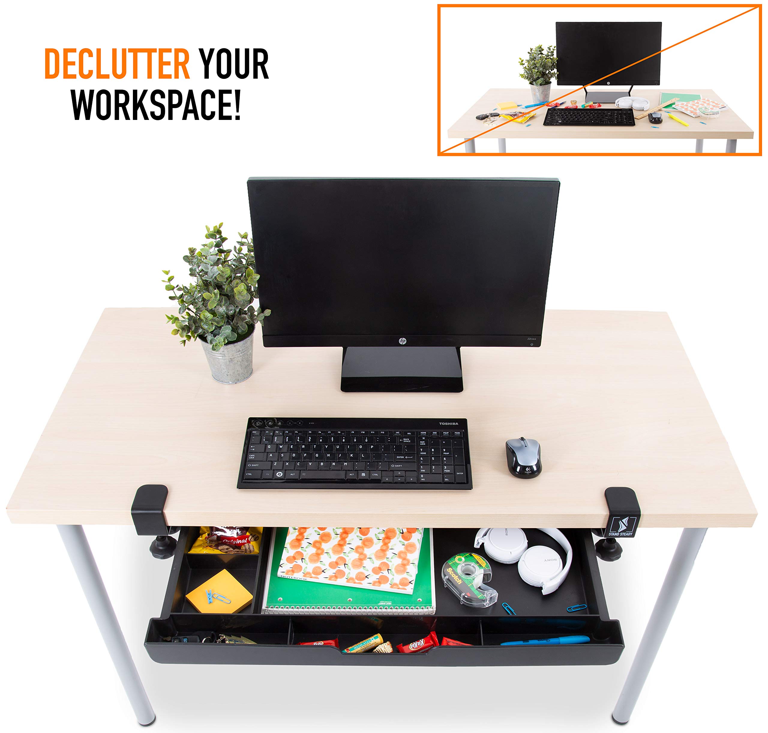 Stand Steady Clamp-On Desk Drawer | Under Desk Storage with Damage-Free Easy Installation - No Drilling Required | Six Compartment Organizer for Pens, Pencils, Clips & More! (31.5 L x 12 D x 5.5 H)