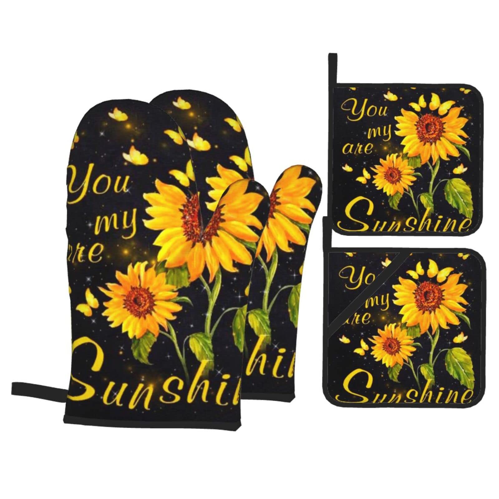 You are My Sunshine Sunflower Oven Mitts and Pot Holders Sets 4 Pcs Set, Heat Resistant Oven Gloves Hot Pad for Kitchen Cooking Baking BBQ