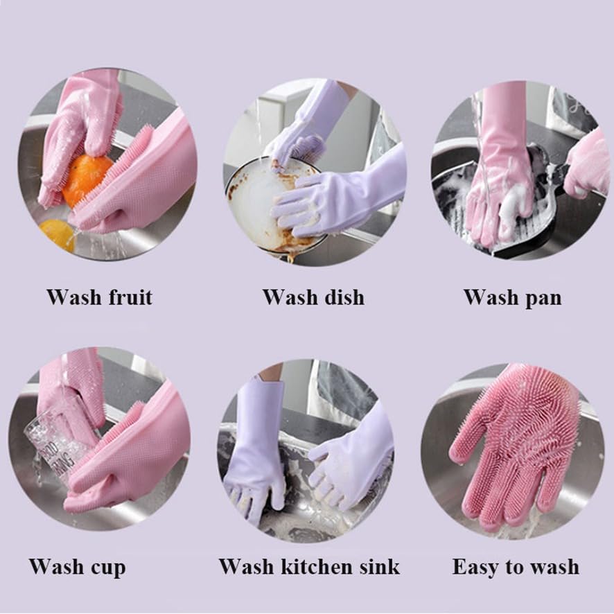 Silicone Glove Silicone Dishwashing Gloves Rubber Gloves Sponge Cleaning Brush for Dish Housework Kitchen Cars (blue)…