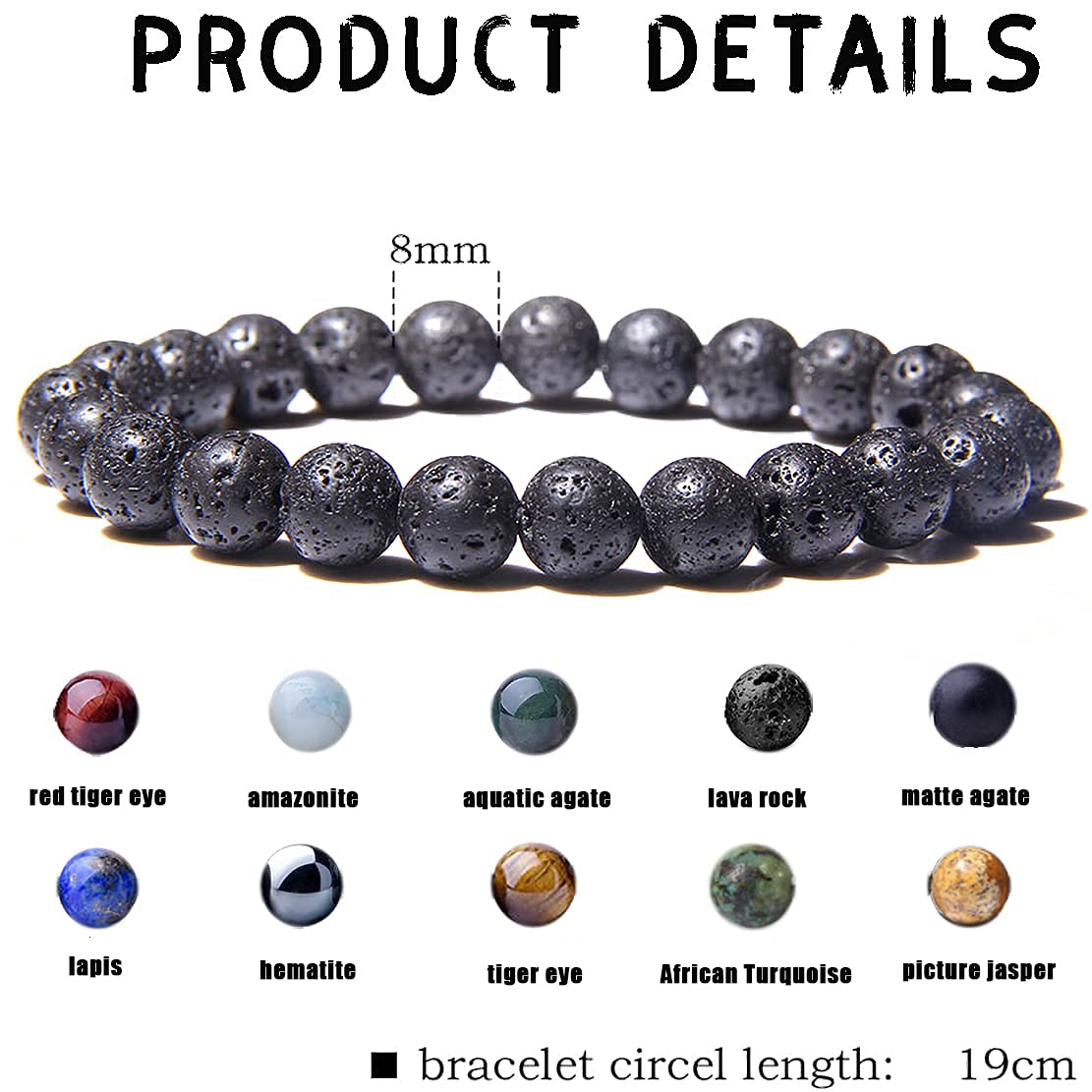 WAINIS 10 Pcs 8mm Stone Semi-Precious Gemstones Beaded Bracelets for Men Women Crystal Stretch Beaded Bracelet Unisex