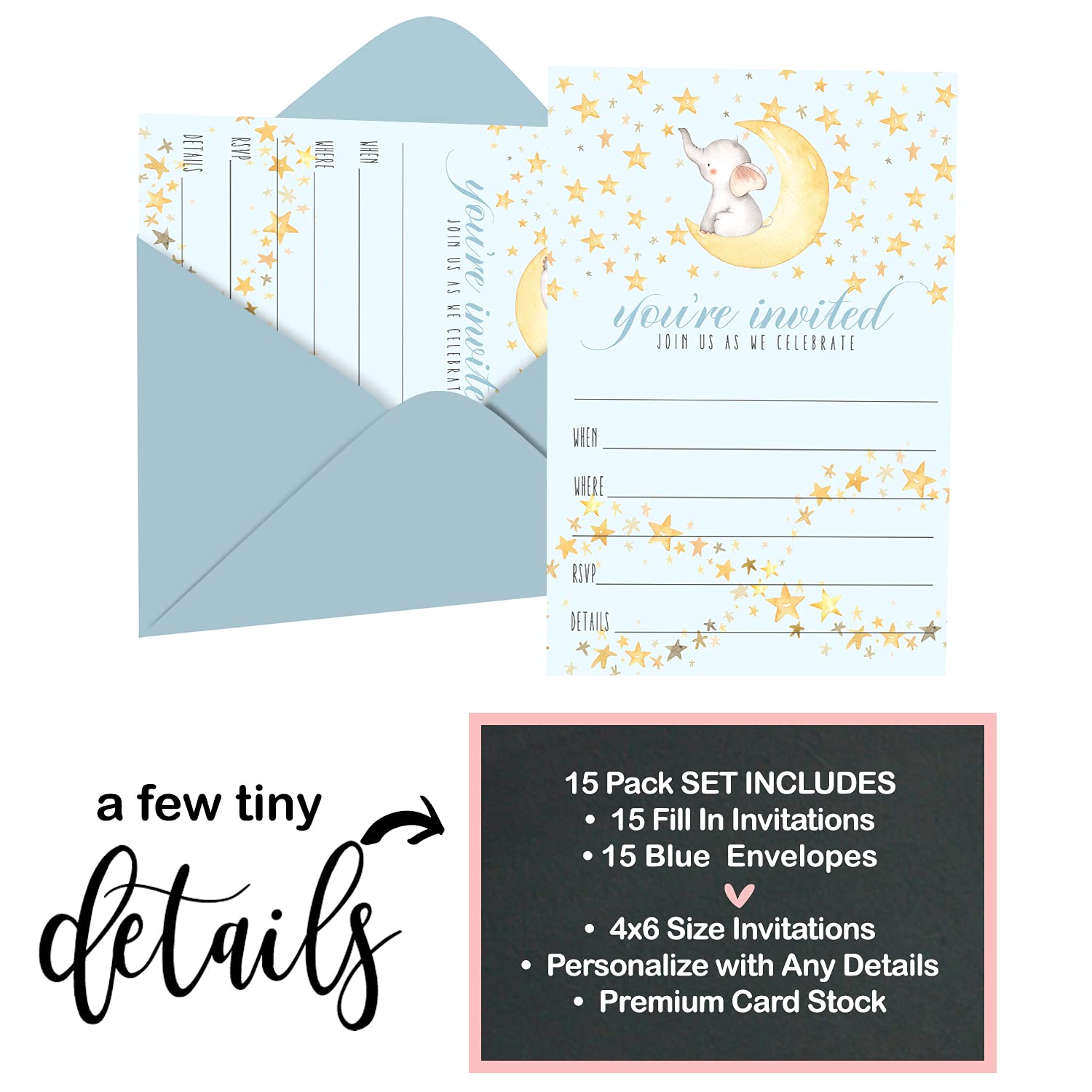 Star and Elephant Invitations with Envelope Pack of 15 – Blank Invites for Boys Baby Shower, Reveal, Sprinkle – Twinkle Starry Moon Event Designs Blue – Printed 4x6 Size Card Set - Paper Clever Party