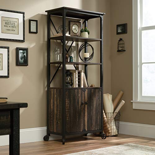 Sauder Steel River Bookcase/Book Shelf with Doors, Carbon Oak Finish,