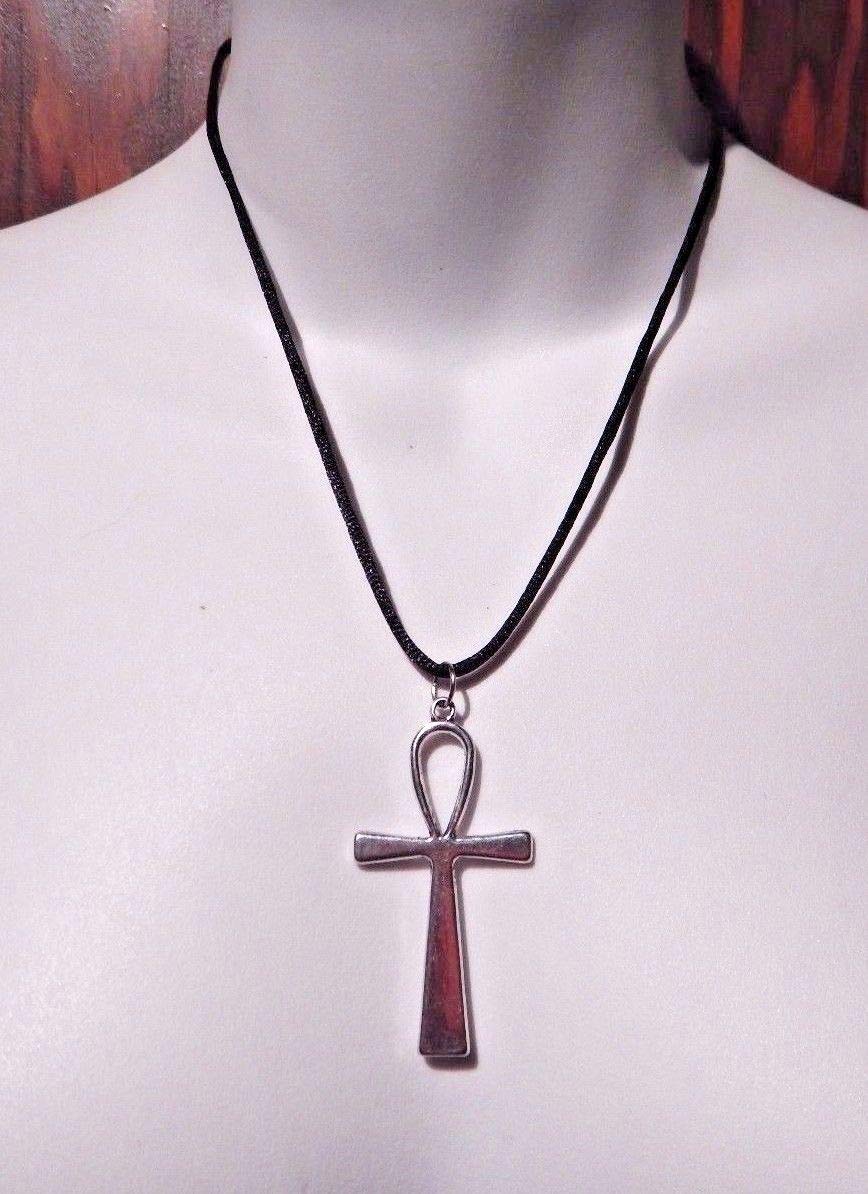 Silvertone Ankh Pendant on Black Cord Necklace Egyptian ansate Cross Amulet Death Cosplay