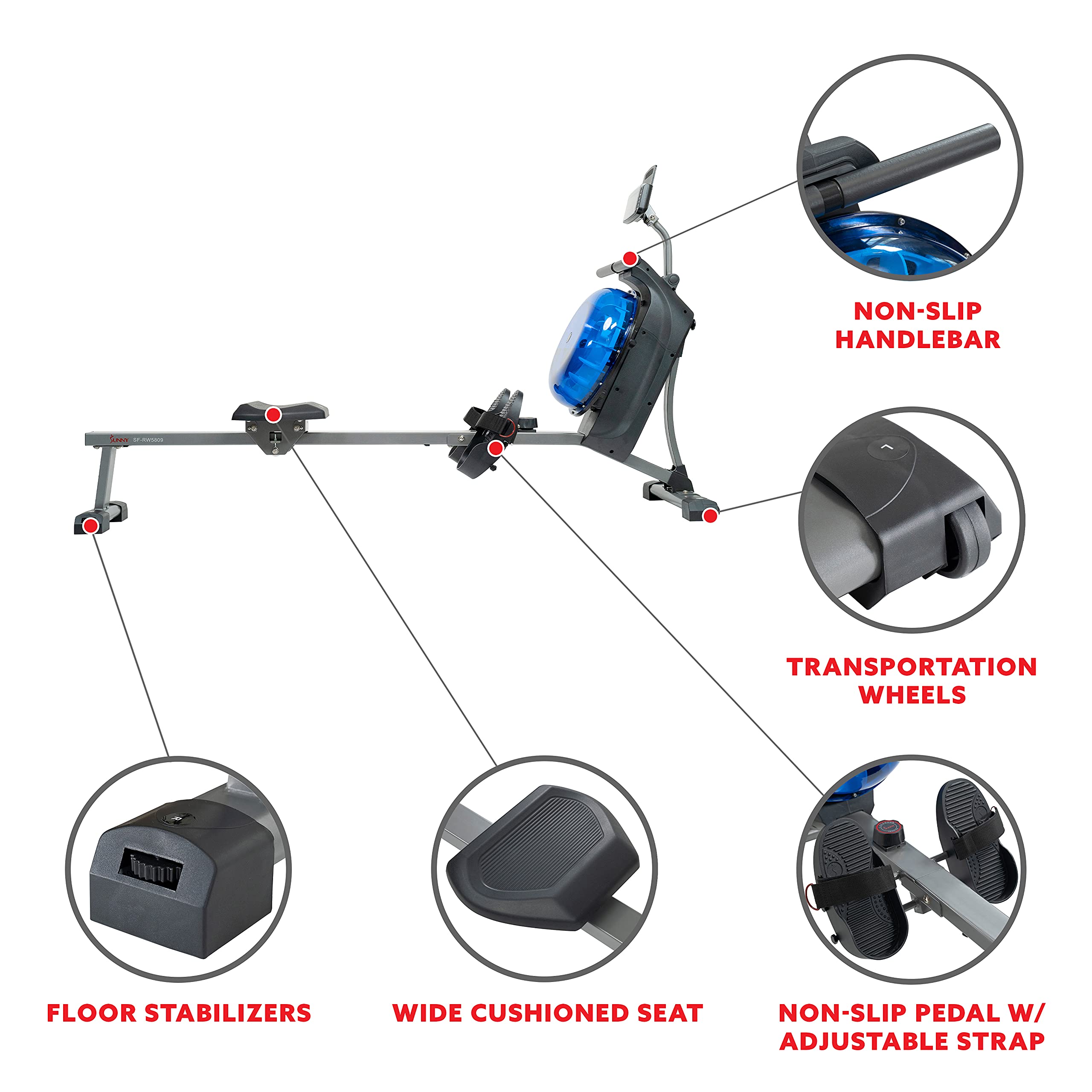 Sunny Health & Fitness Hydro+ Dual Resistance Magnetic Water Rowing Machine (Hydro+), Black