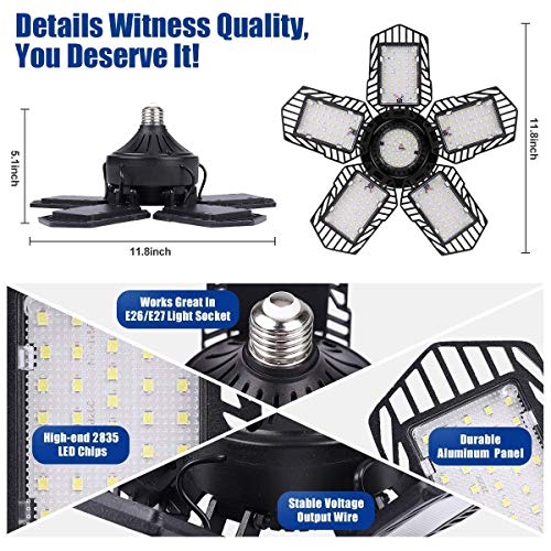 TANBABY Metal LED Garage Lights 2 Pack 150W Garage Light 15000LM LED Garage Lights with 5+1 Multi-Position Panels Deformable E26/E27 Garage Lighting LED Shop Light 6500K Daylight for Garage Basement