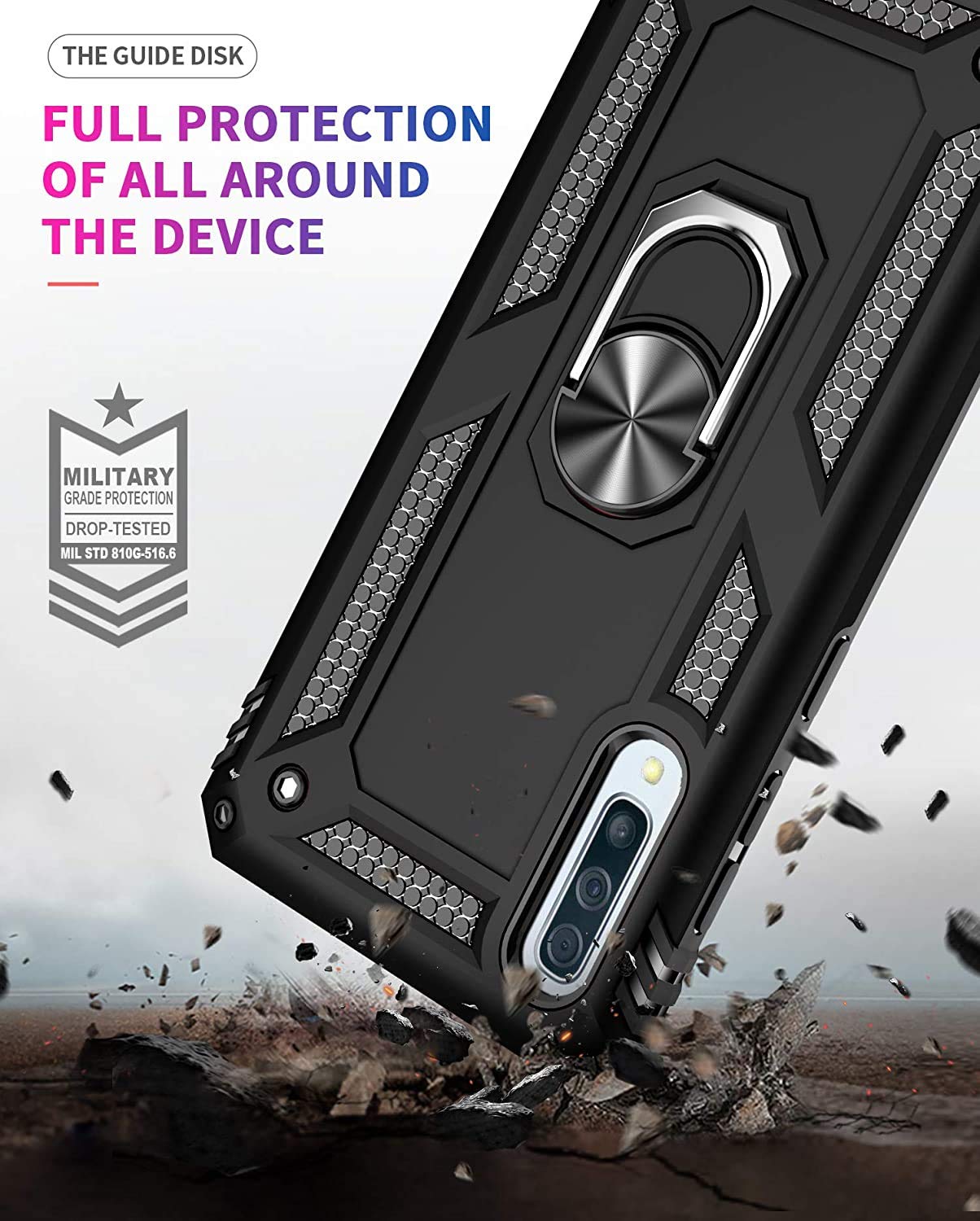 TJS Compatible with Samsung Galaxy A50 2019 Case, with Tempered Glass Screen Protector Metal Ring Magnetic Support Kickstand Heavy Duty Drop Protector Phone Case Cover (Black)