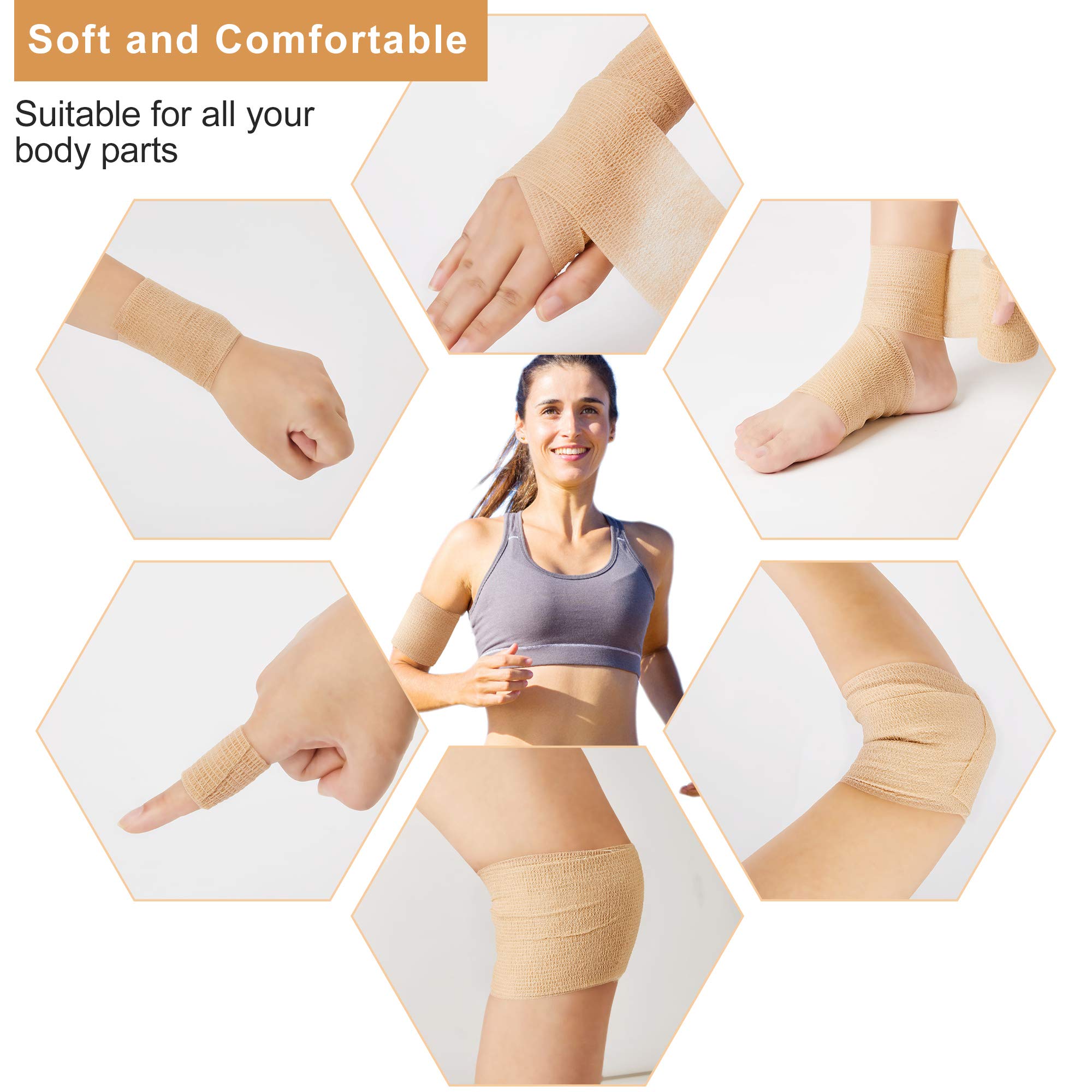 SUPERBE 12 Rolls Self Adhesive Bandage Wrap, 3 inches X 5 Yards, Cohesive Tape Vet Wrap for First Aid, Sports, Wrist and Ankle (Beige, 3 inch)