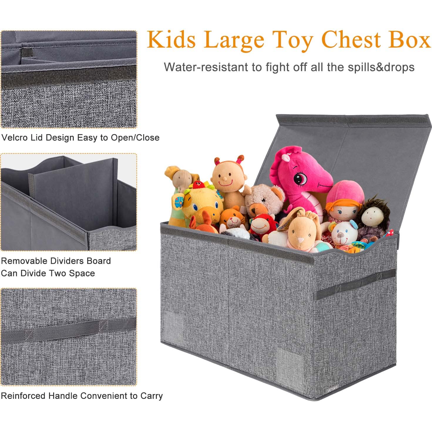 VICTOR'S Kids Toy Box Chest - 2 Pack Large Lightweight Collapsible Toy Storage Organizer Boxes Bins Baskets Dark Grey + Thick Grey, 26.8in x 13.8in x 16in