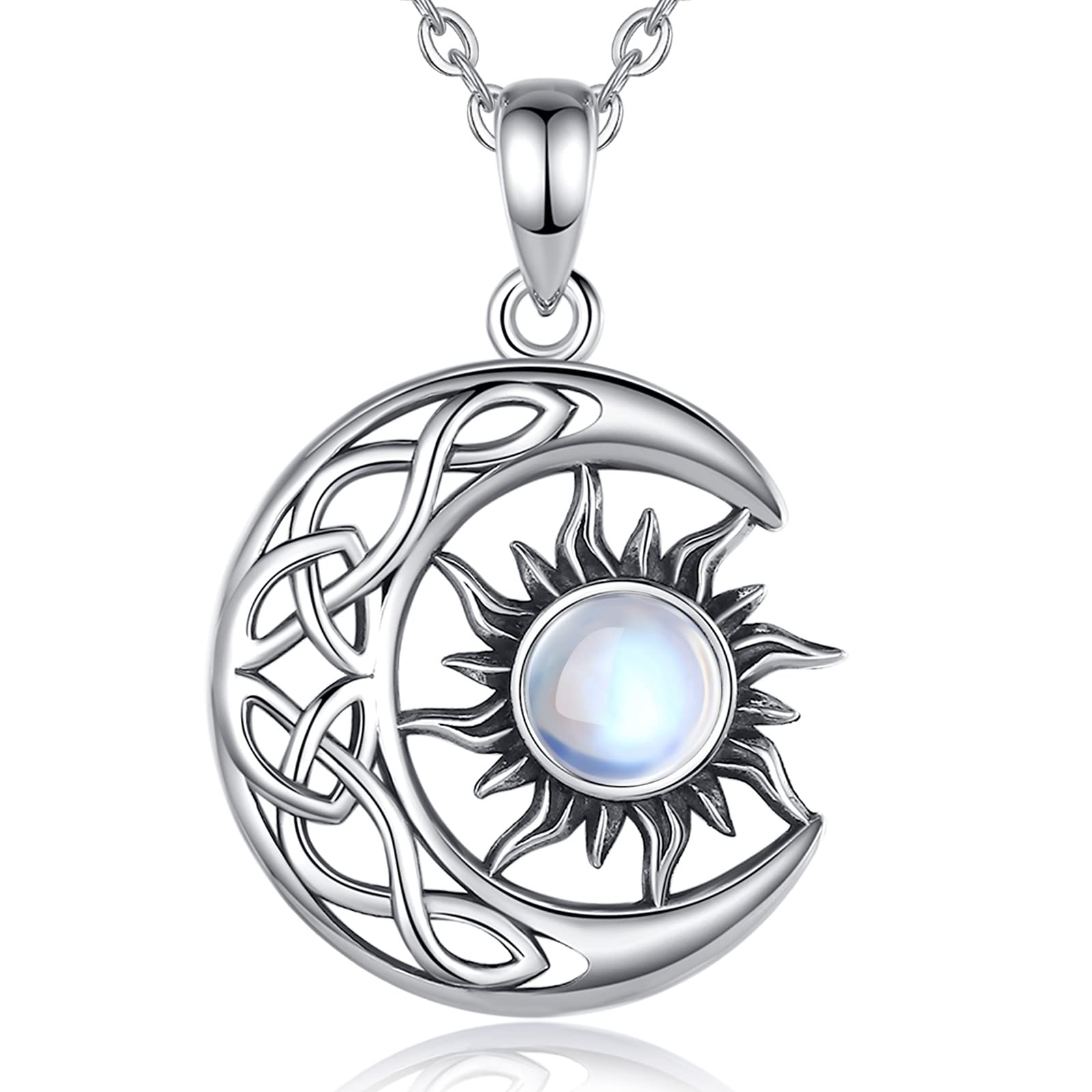 Vito Celtic Moon and Sun Necklace for Women, Sterling Silver Vintage Crescent Pendant Oxidized Moonstone Jewelry Gift for Wife, 18 Inch Chain