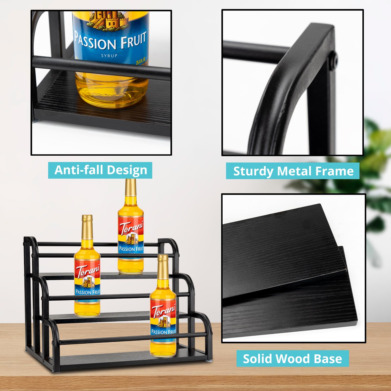 UHSSJUGA Coffee Syrup Storage Rack, Coffee Syrup Bottle Holder Stand,3 Tier Organizer for Coffee Bar Station,15 Bottles Countertop Display Shelf for Syrup, Wine,Liquor（Black）