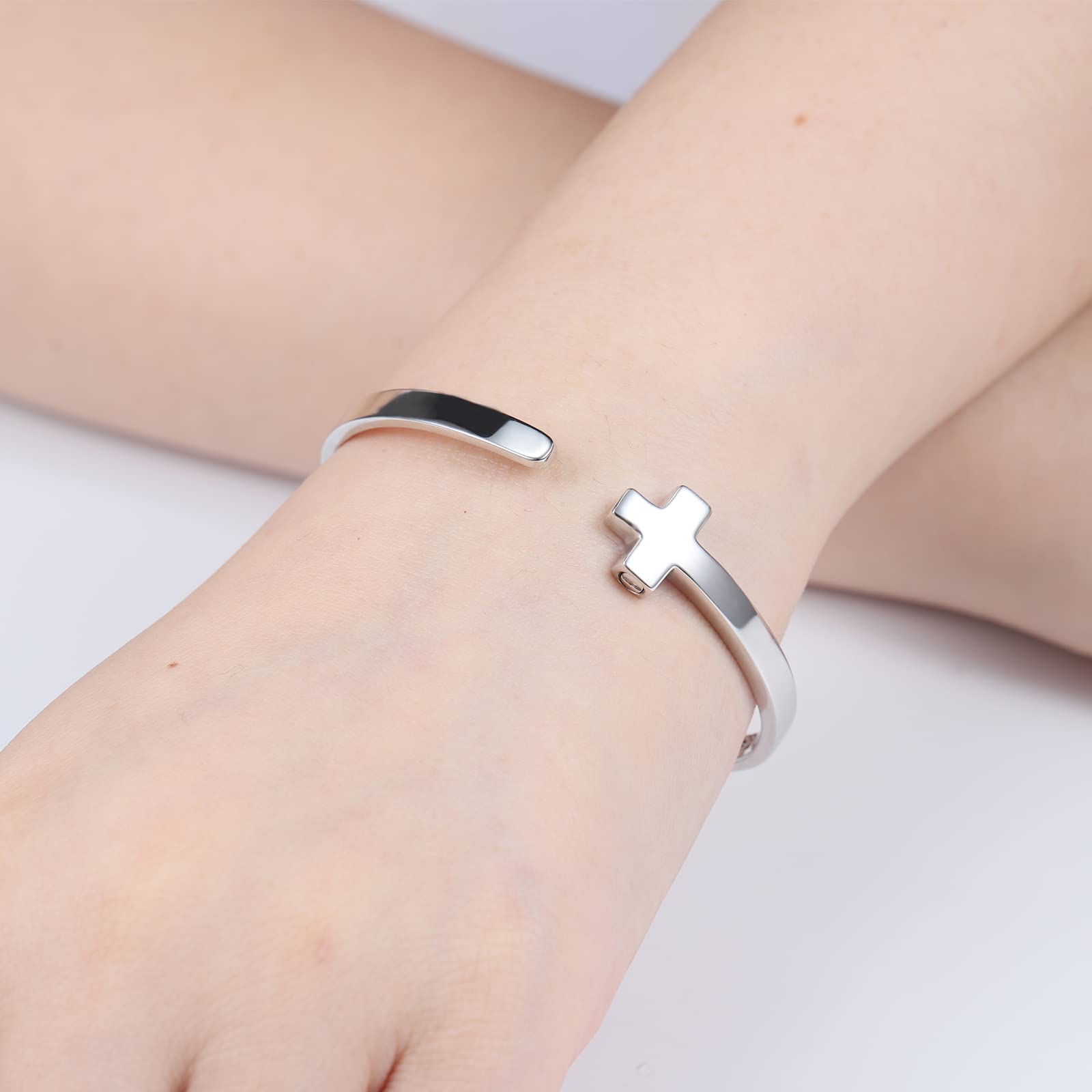WOUOVO Cross Urn Bracelet for Ashes - 925-Sterling-Silver Adjustable Celtic Knot Urn Ring Platinum Plated Cross Cuff Bangle Memorial Keepsake Cremation Jewelry for Women Men