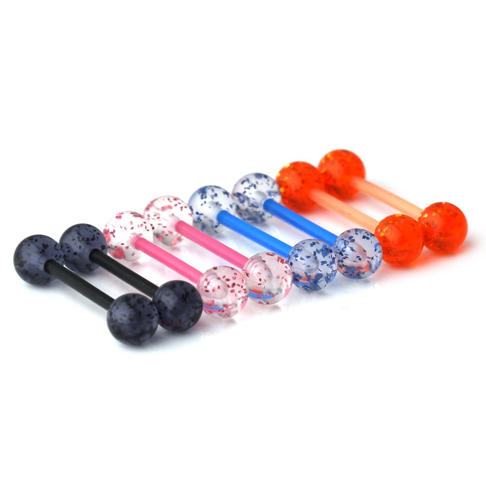 Ruifan 14G 16mm Glitter Flexible Acrylic Nipple Tongue Barbell Ring Body Piercing Jewelry Retainer 8PCS (Assorted Color 2#)