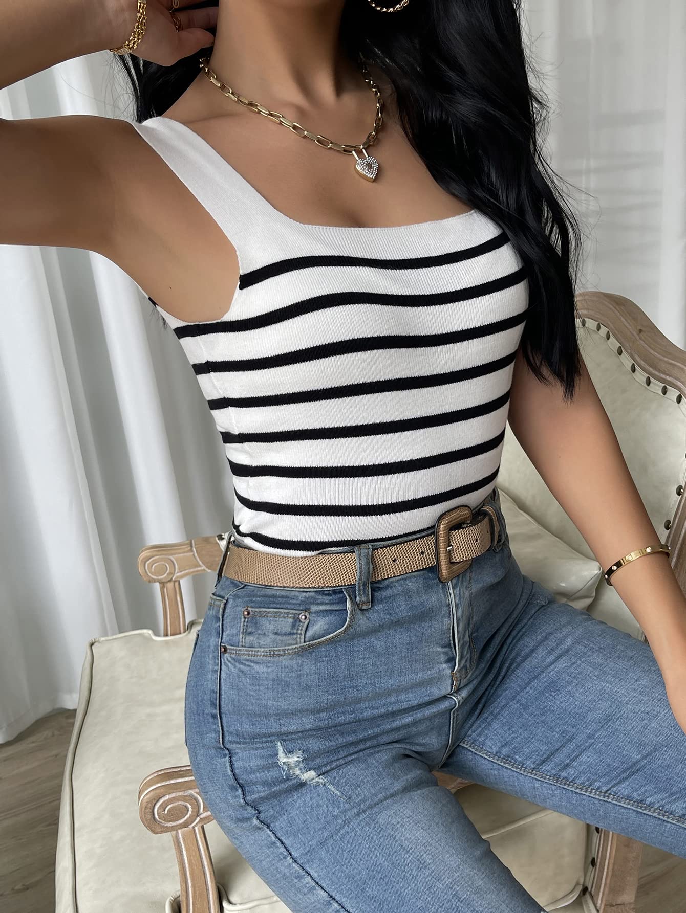 SOLY HUX Women's Square Neck Tank Top Basic Ribbed Knit Cami Casual Sleeveless Slim Fit Tops White XS