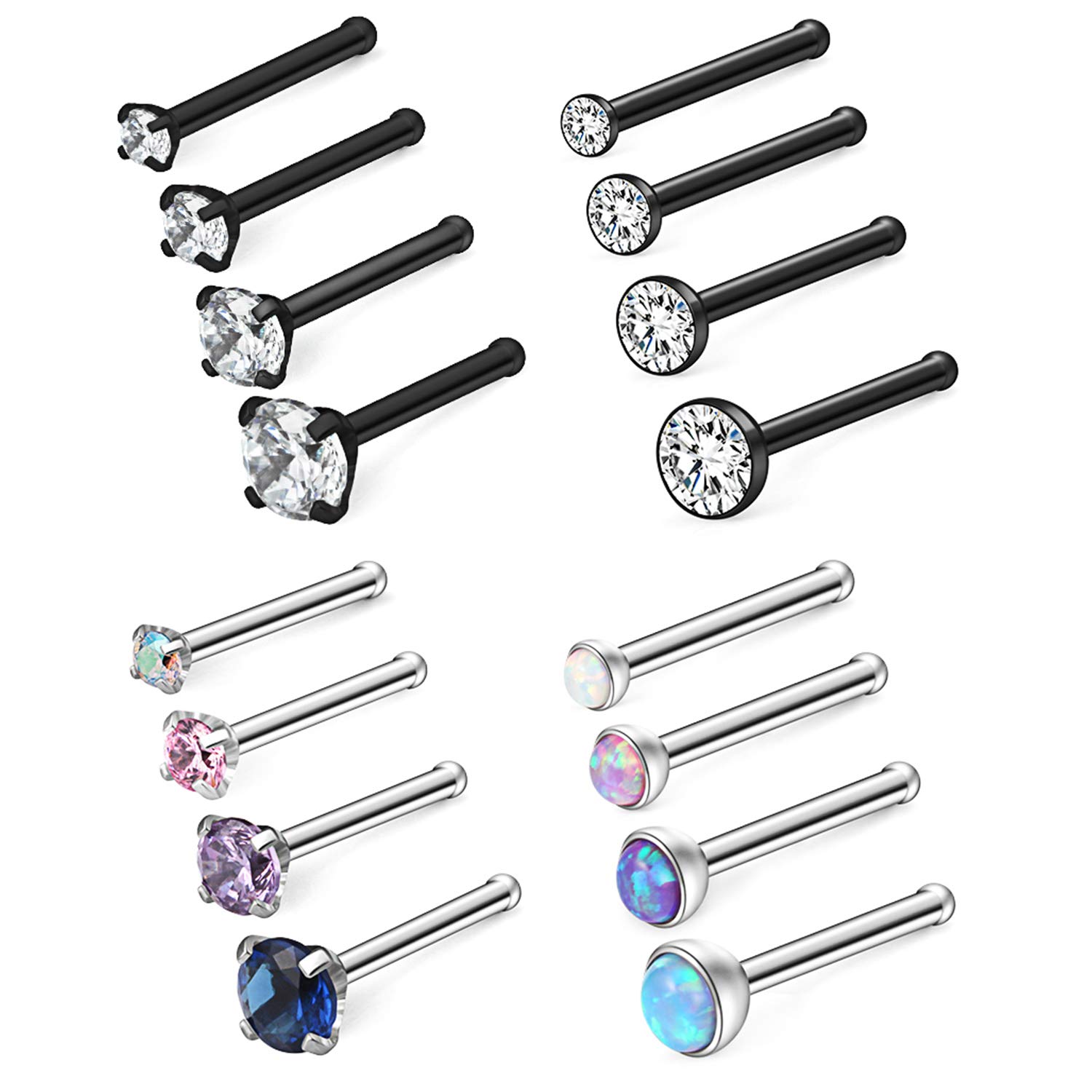 Ruifan 18G Surgical Steel Nose Bone Studs Rings Tragus Ring Piercing Jewelry 1.5mm 2mm 2.5mm 3mm Opal Clear Diamond CZ 16PCS Silver