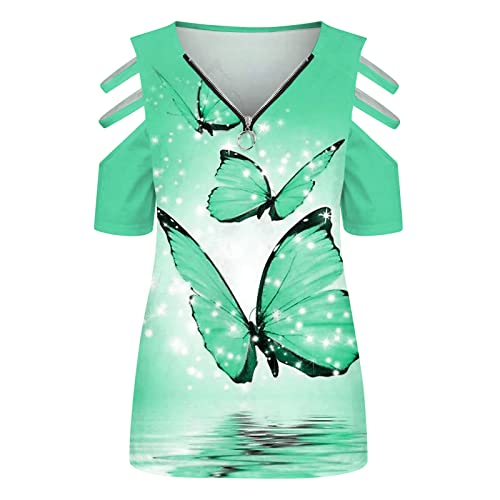 Womens V Neck Zip Off Shoulder Top Butterfly Print T Shirt Short Sleeves